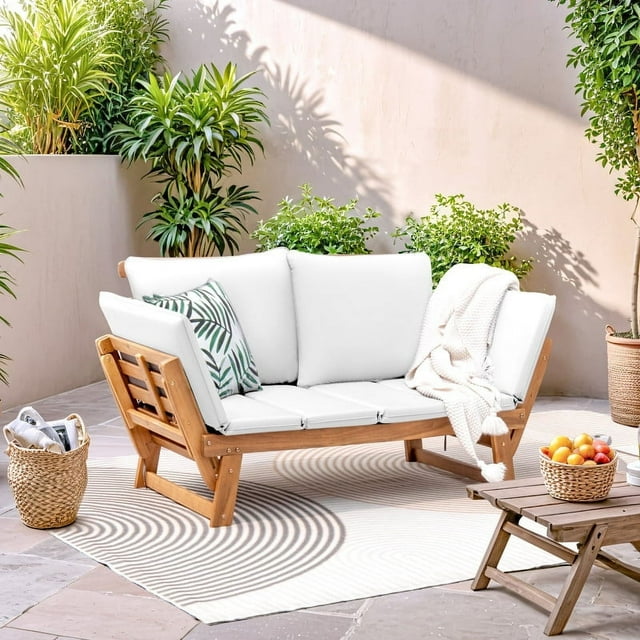 Homall Outdoor Sofa Patio Acacia Wood Daybed with Adjustable Armrests ...