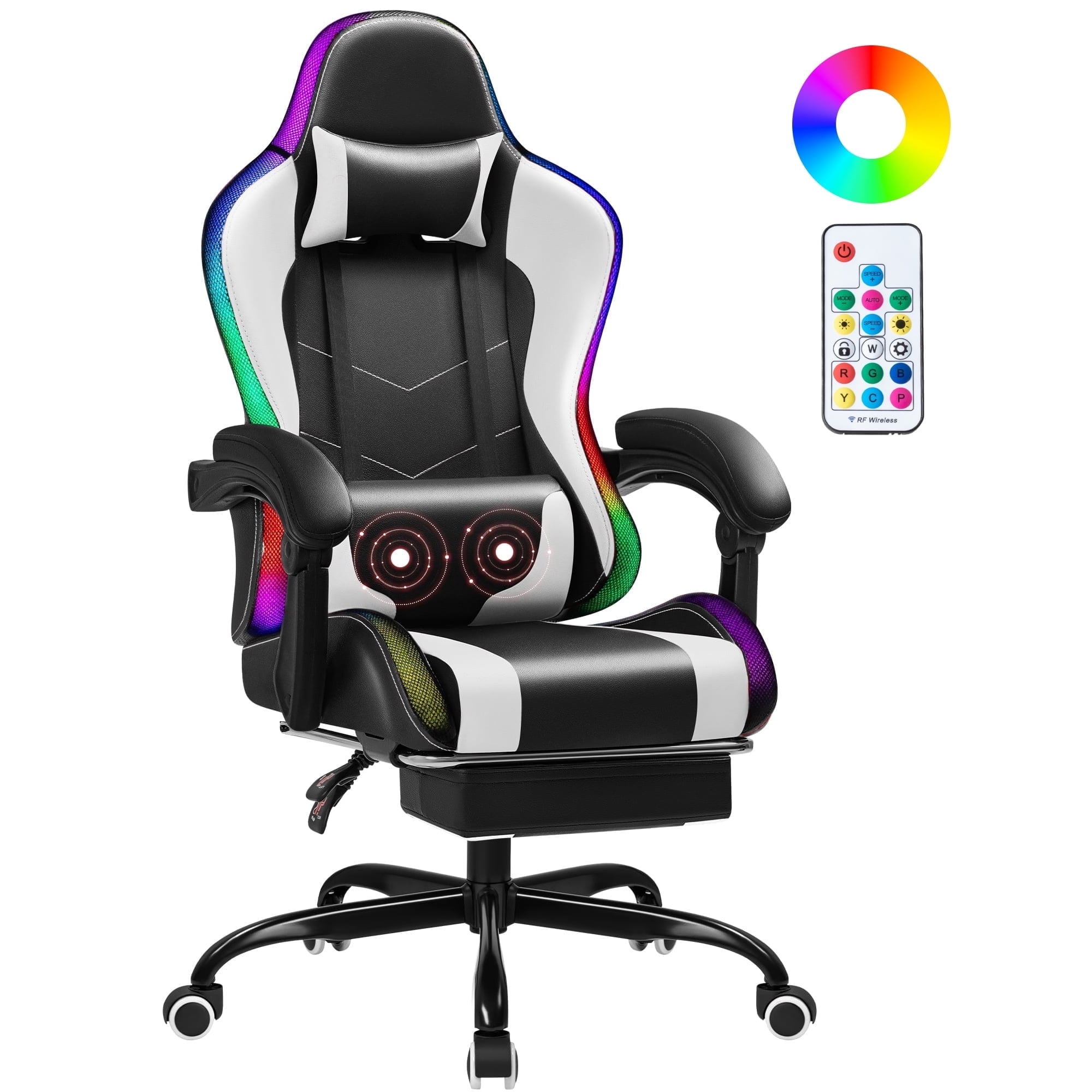 Homall RGB Gaming Chair with Massage, LED Lights, Footrest, Ergonomic ...