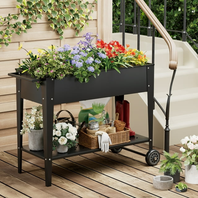 Homall Rolling Stand Raised Garden Bed on Wheels, Outdoor Metal Mobile ...