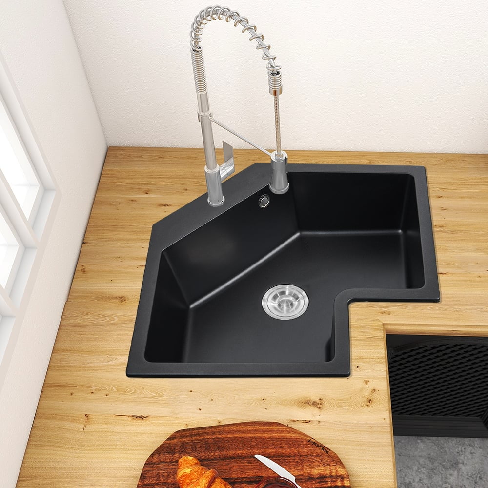 Homary 25" Black Drop In Corner Kitchen Sink Modern Single Bowl Quartz ...