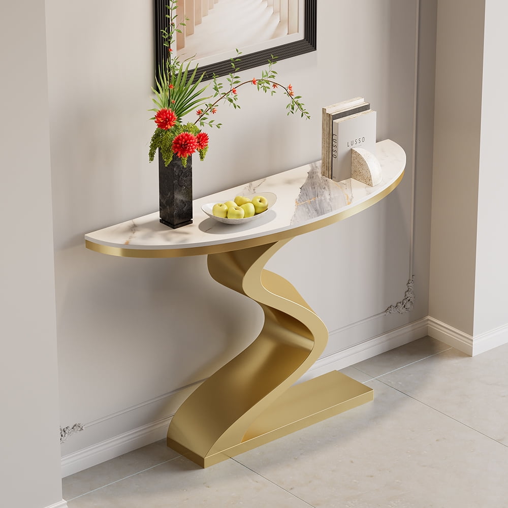Homary Modern Console Table 39.4" White & Gold Curved Console Table ...