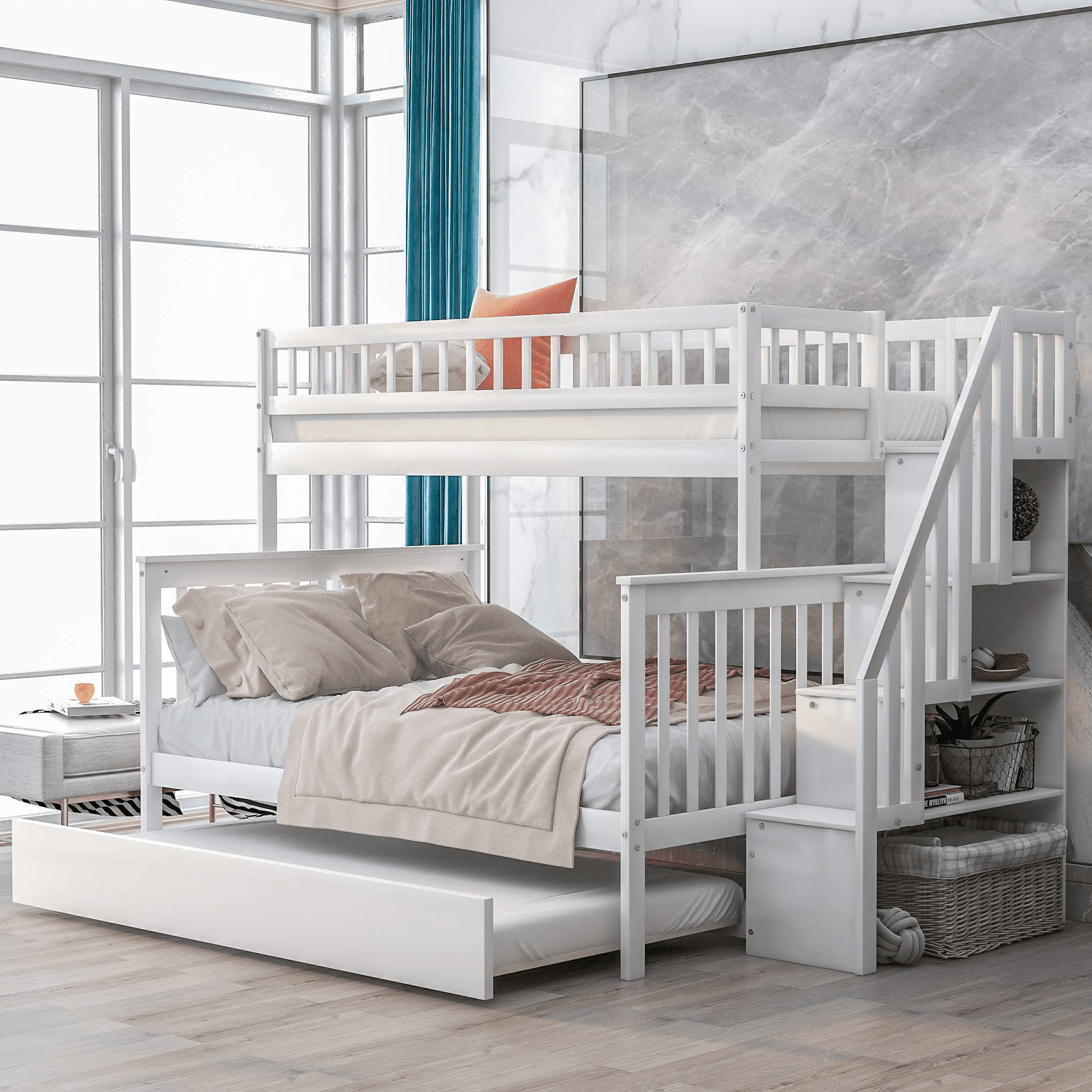 Homata Twin Over Full Bunk Bed with Trundle Stairs Drawers Guardrails No Box Spring White Walmart