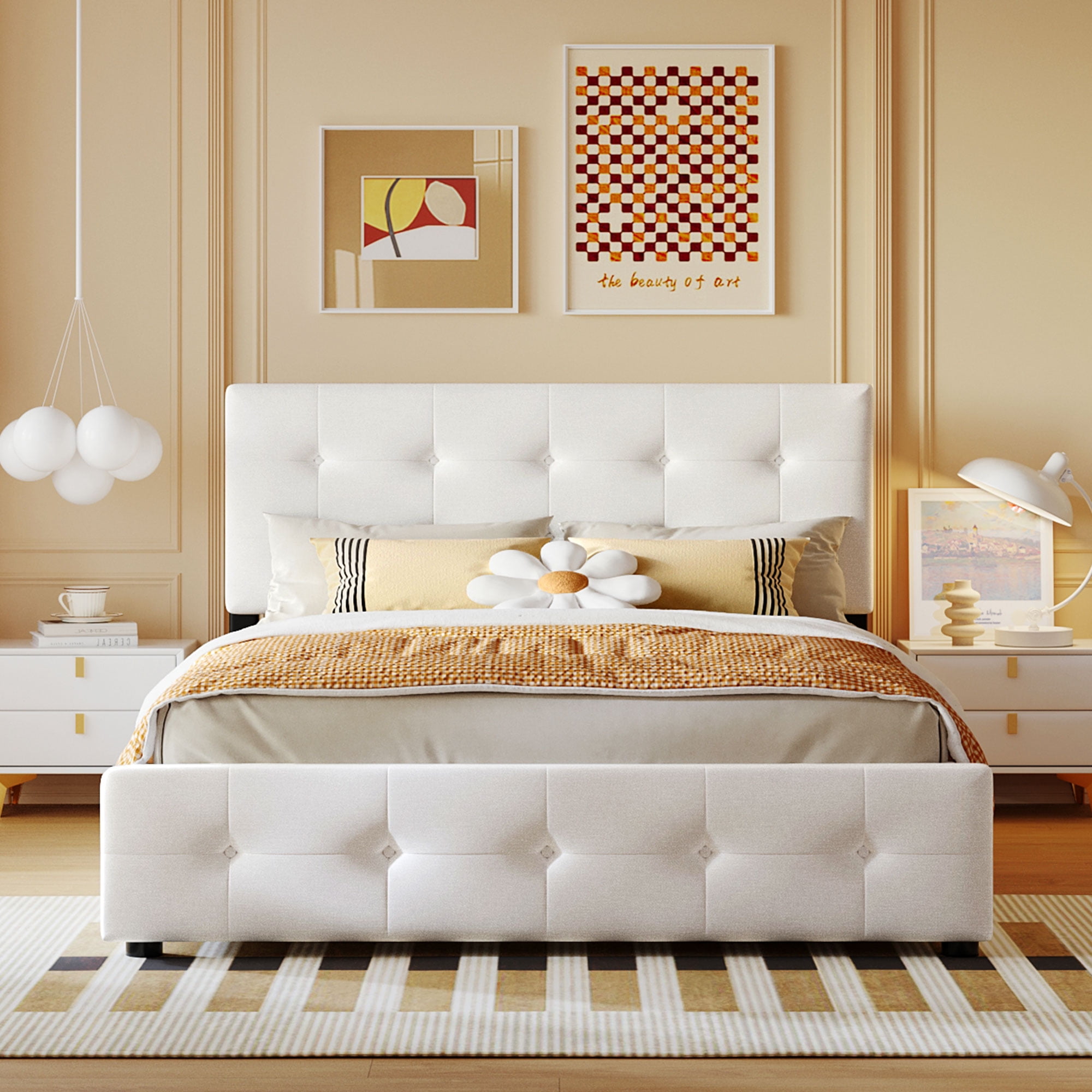 Hombay Linen Queen Size Upholstered Platform Bed with Headboard and ...