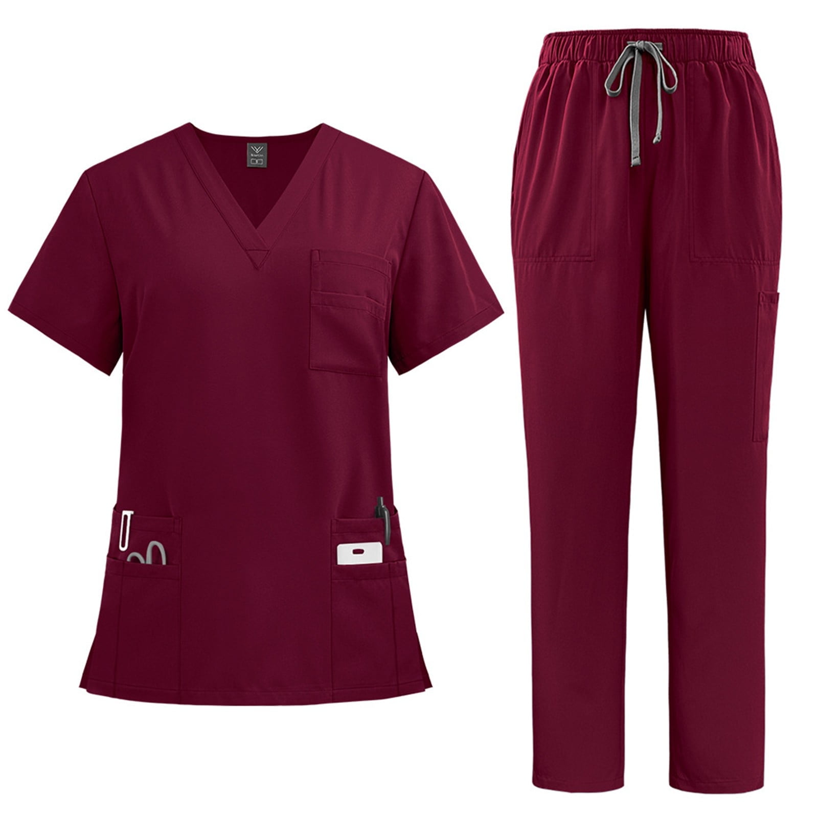 Homchy Scrubs for Women Set V-Neck Pocket Top & Drawstring Jogger Scrub ...