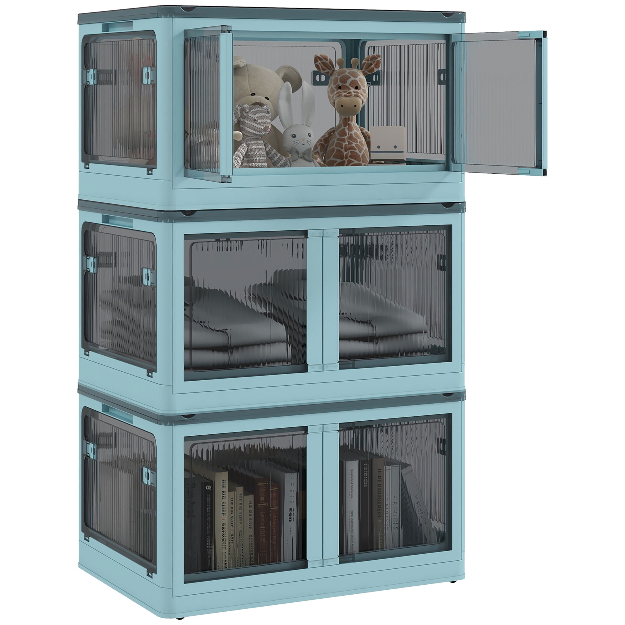 Homcom 3 Stackable Storage Bins W/ Lids,Wheels,Collapsible,18 Gal,Blue ...