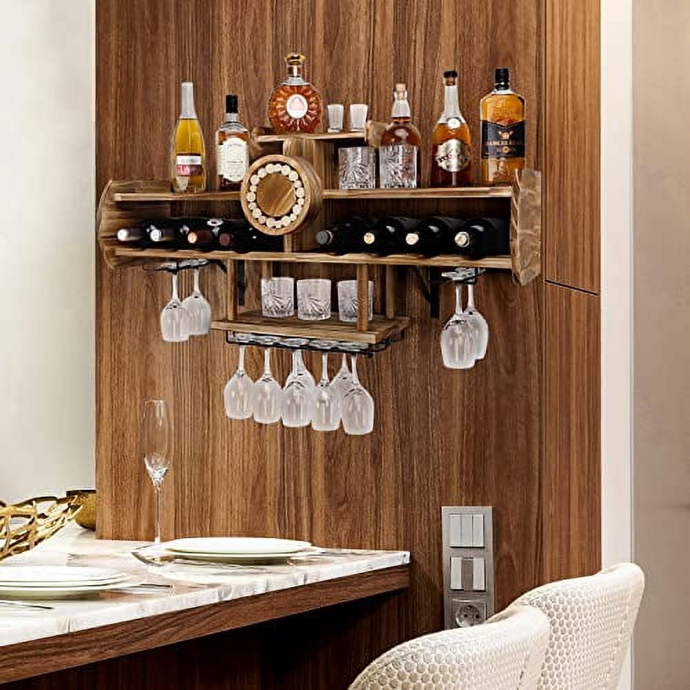 Homde Wine Rack Wall Mounted Wood, Shelf with Bottle Stemware Glass ...
