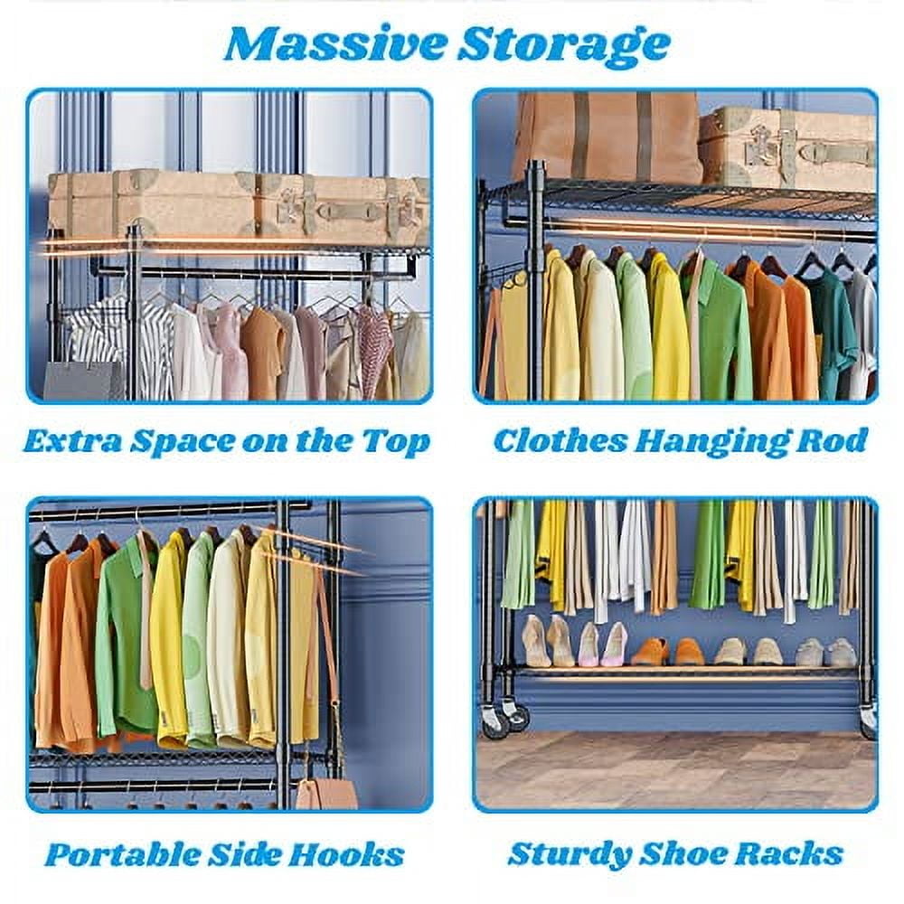 Homdox 3-Tier Garment Rack, Heavy Duty Clothing Wire Shelving, Rolling ...