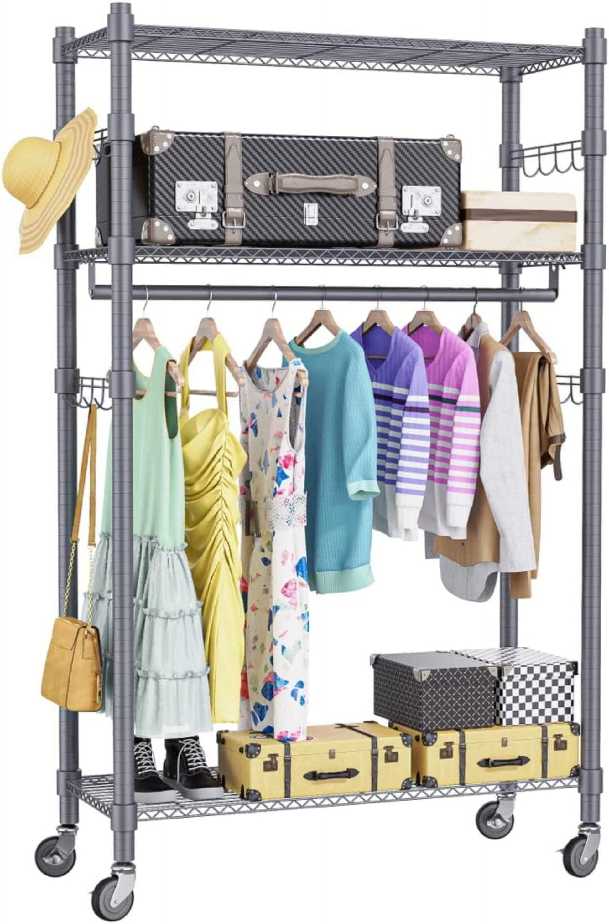 Homdox 3-Tier Garment Rack, Heavy Duty Clothing Wire Shelving, Rolling ...