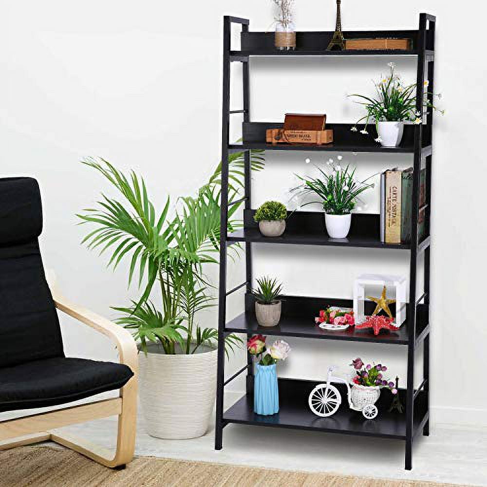 Homdox 5 Tier Ladder Shelf, Bookshelf Wood and Metal Bookcase, Plant ...