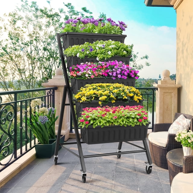 Homdox 5-Tiers Garden Planter with Lockable Caster Wheels, 4FT Vertical ...