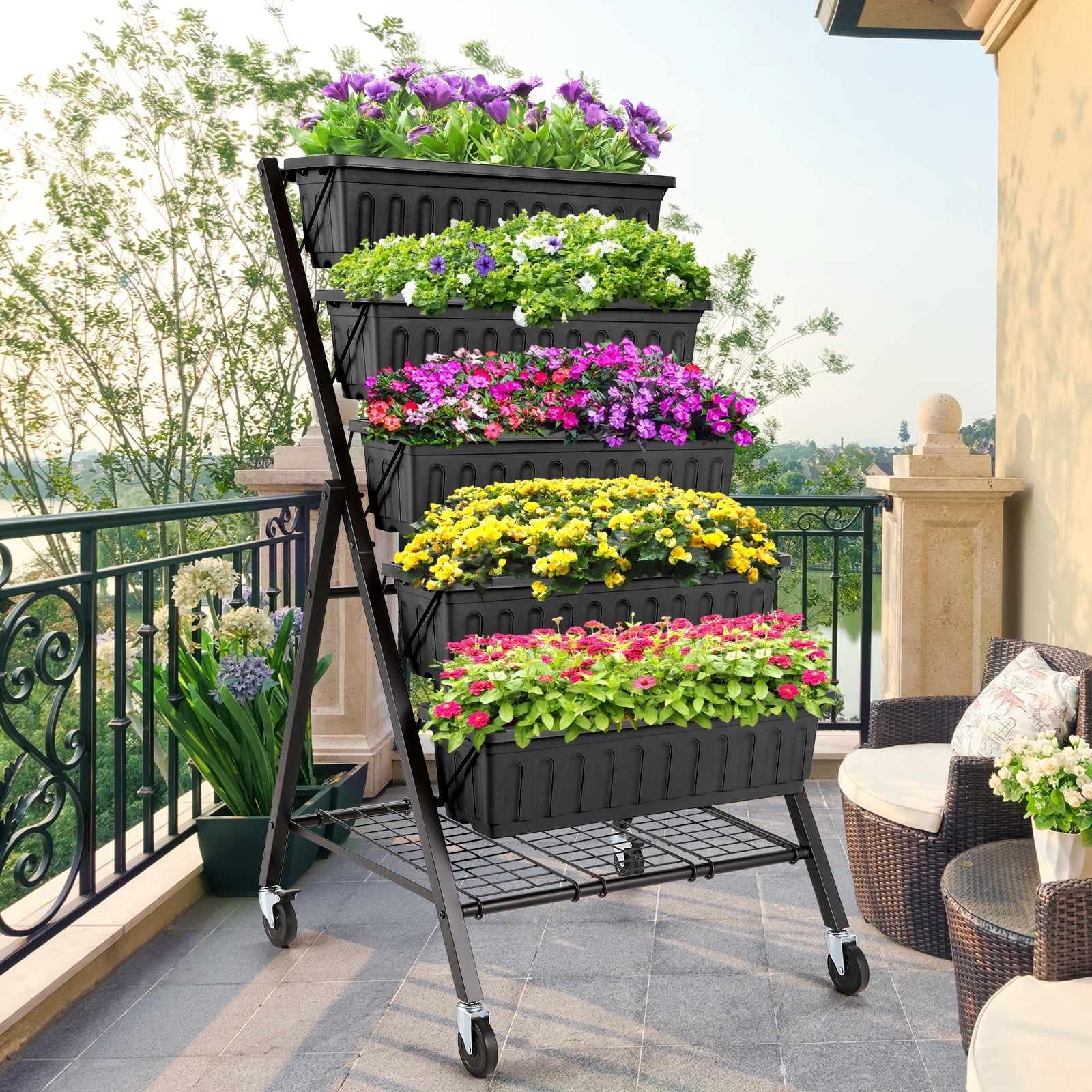 Homdox 5-Tiers Garden Planter with Lockable Caster Wheels and Storage ...