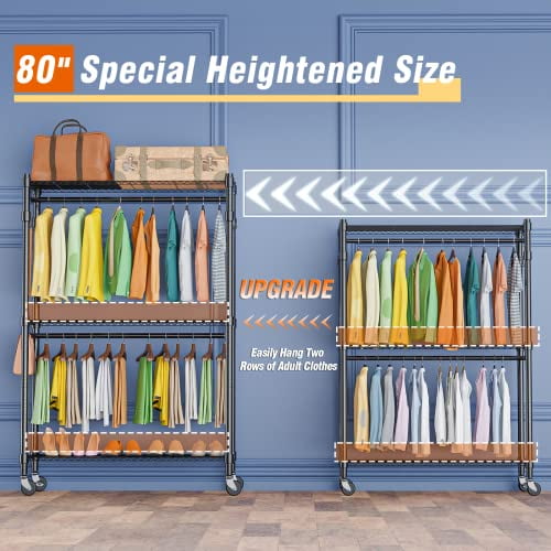 Homdox Double Rod Closet 3 Shelves Wire Shelving Clothing Rolling Rack ...
