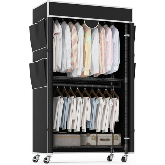 Homdox Rolling Garment Rack with Cover, Heavy Duty Clothing Rack for ...