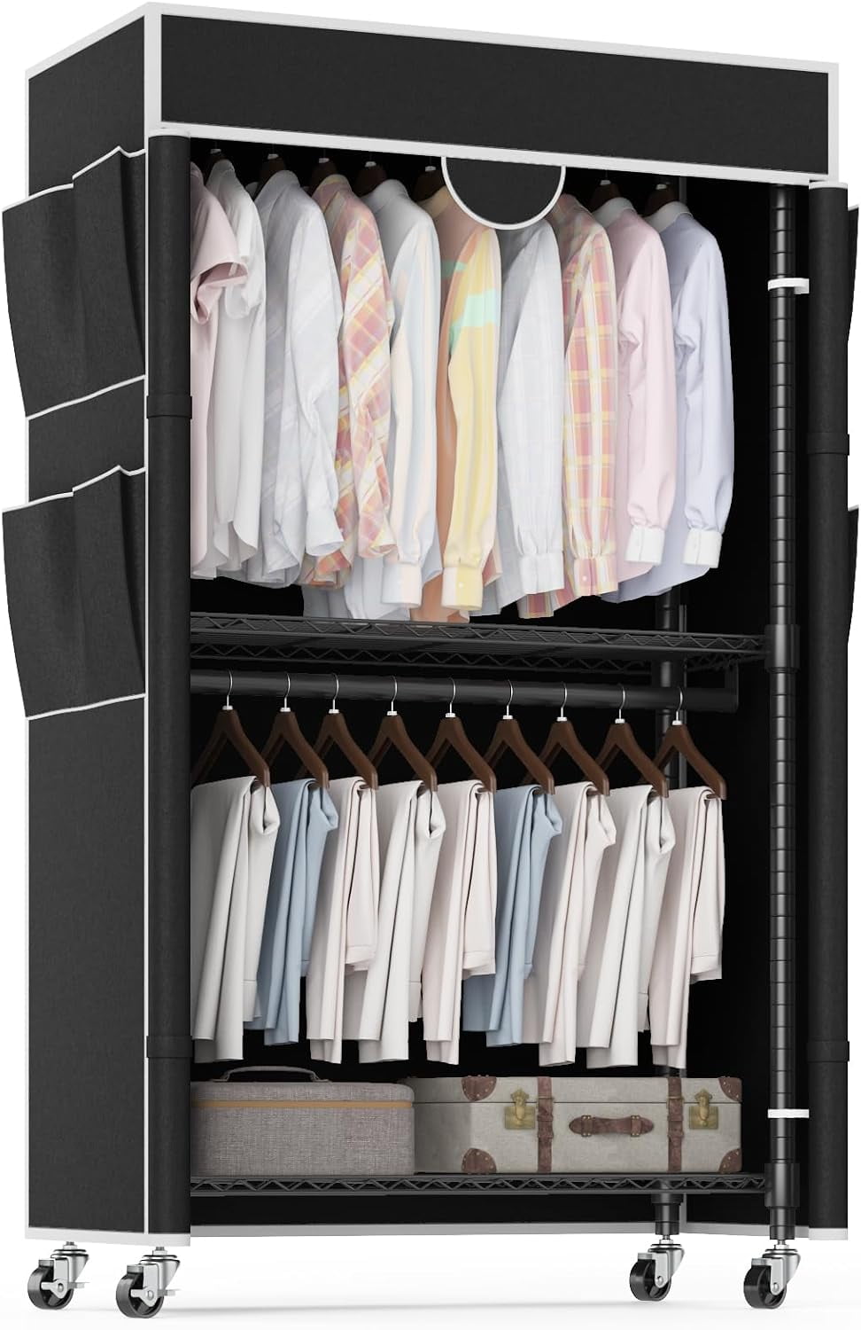 Homdox Rolling Garment Rack with Cover, Heavy Duty Clothing Rack for ...