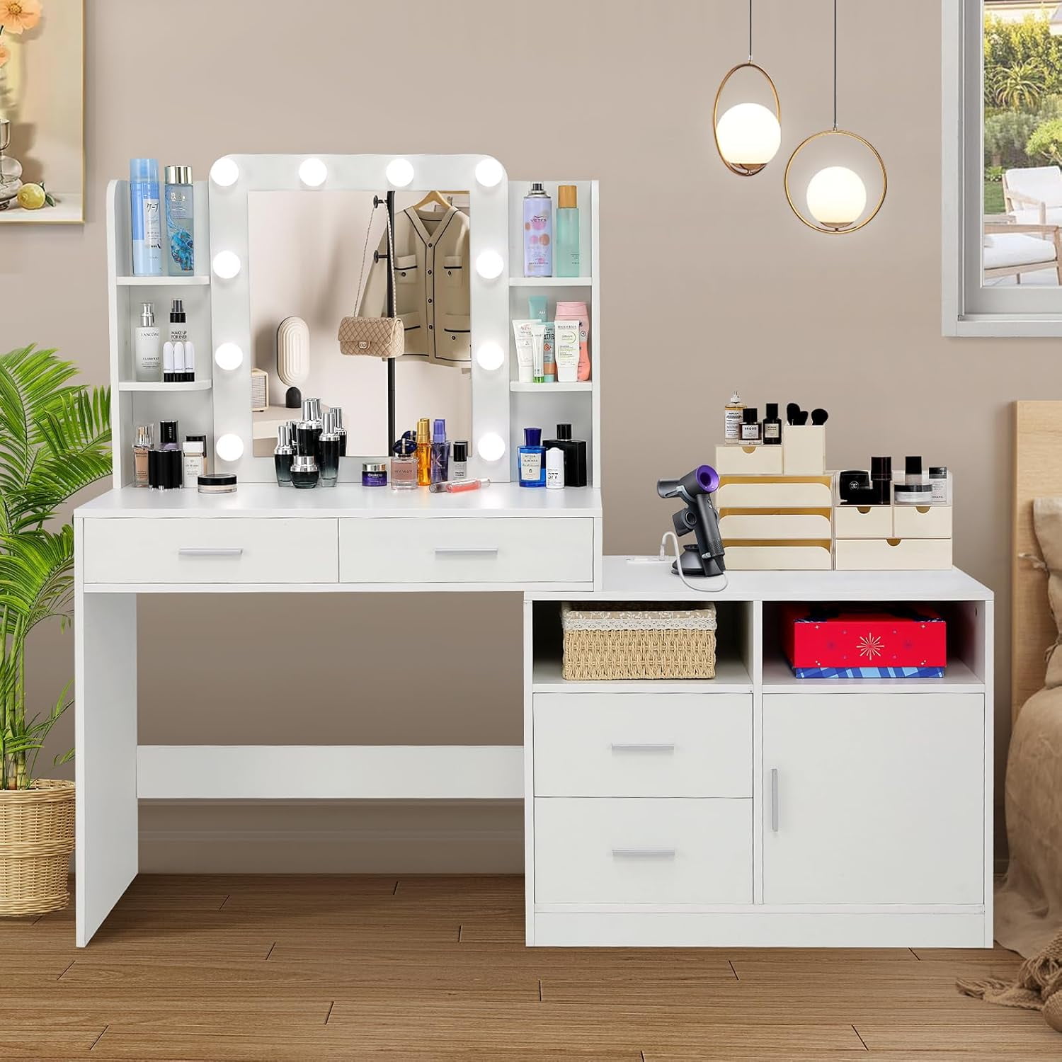 Homdox White Vanity Desk with Mirror, Power Outlet Makeup Vanity Table ...