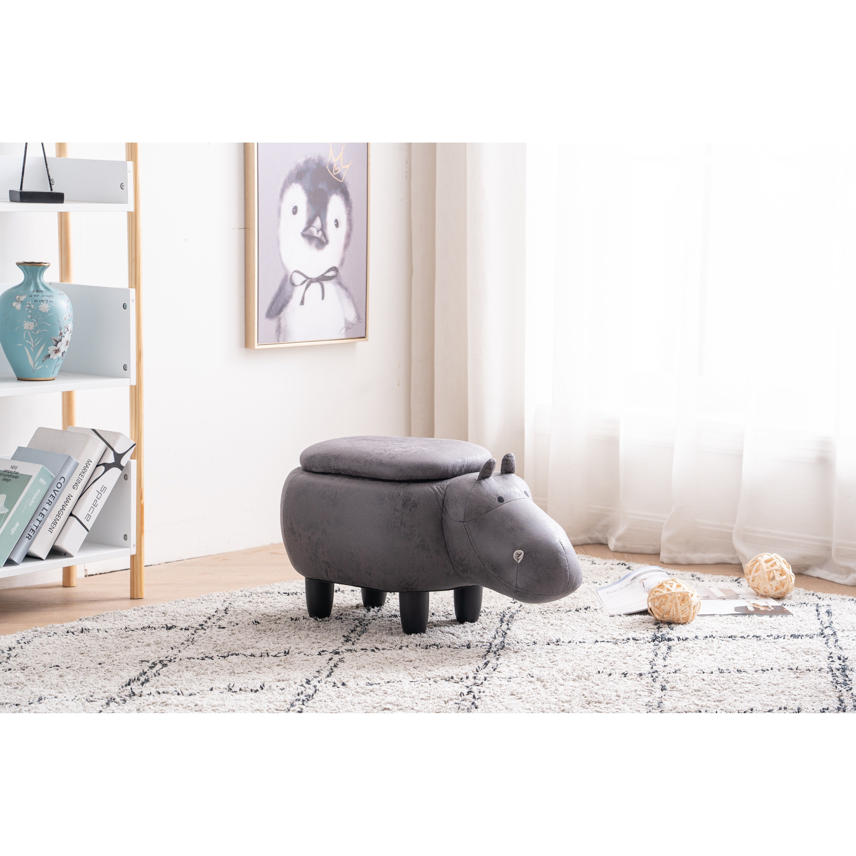 Home 2 Office Hippo Animal Solid Wood & Fabric Storage Ottoman in Gray ...