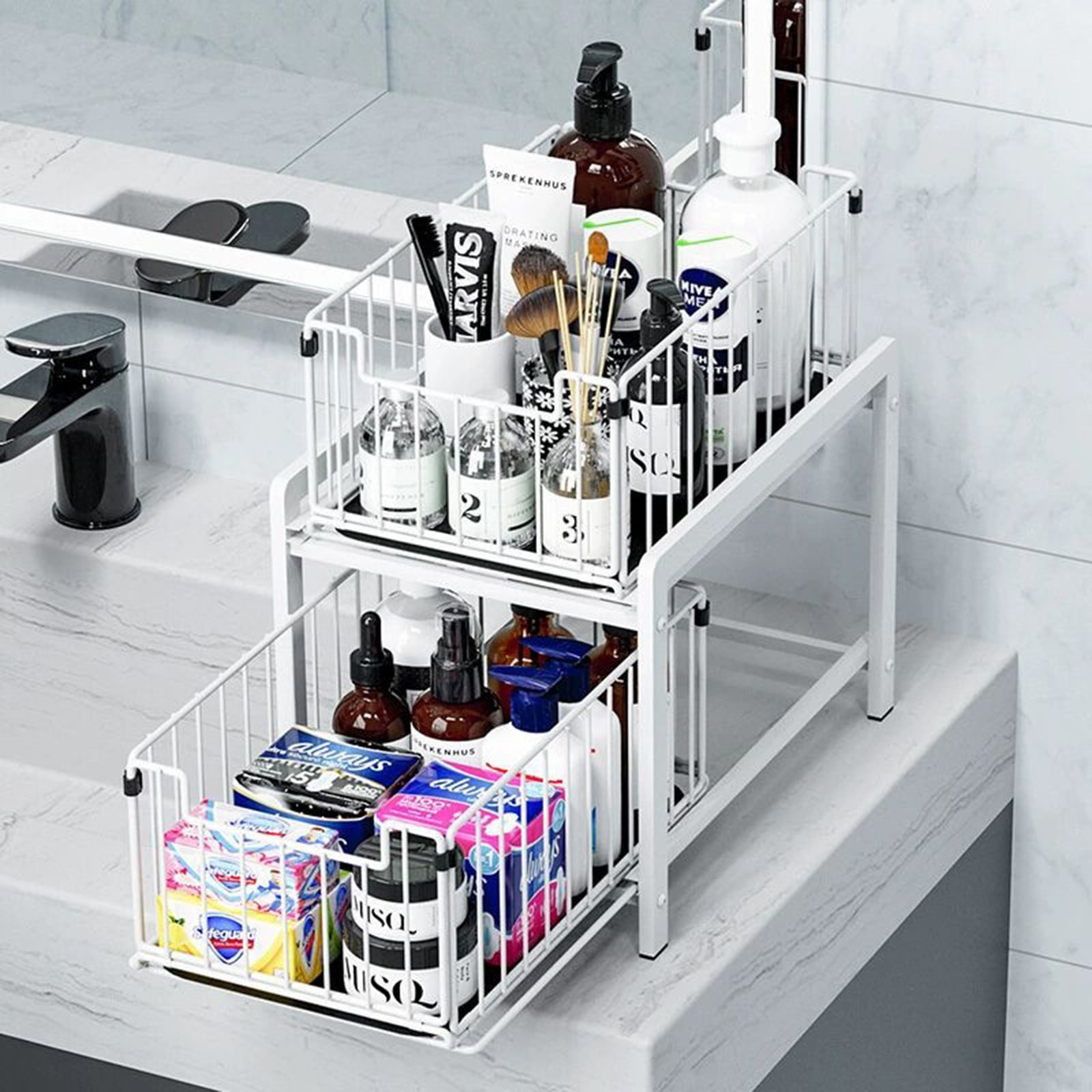 Home 2-Tier Storage Shelf Pull-Out Sliding Drawer Cabinet Organizer ...