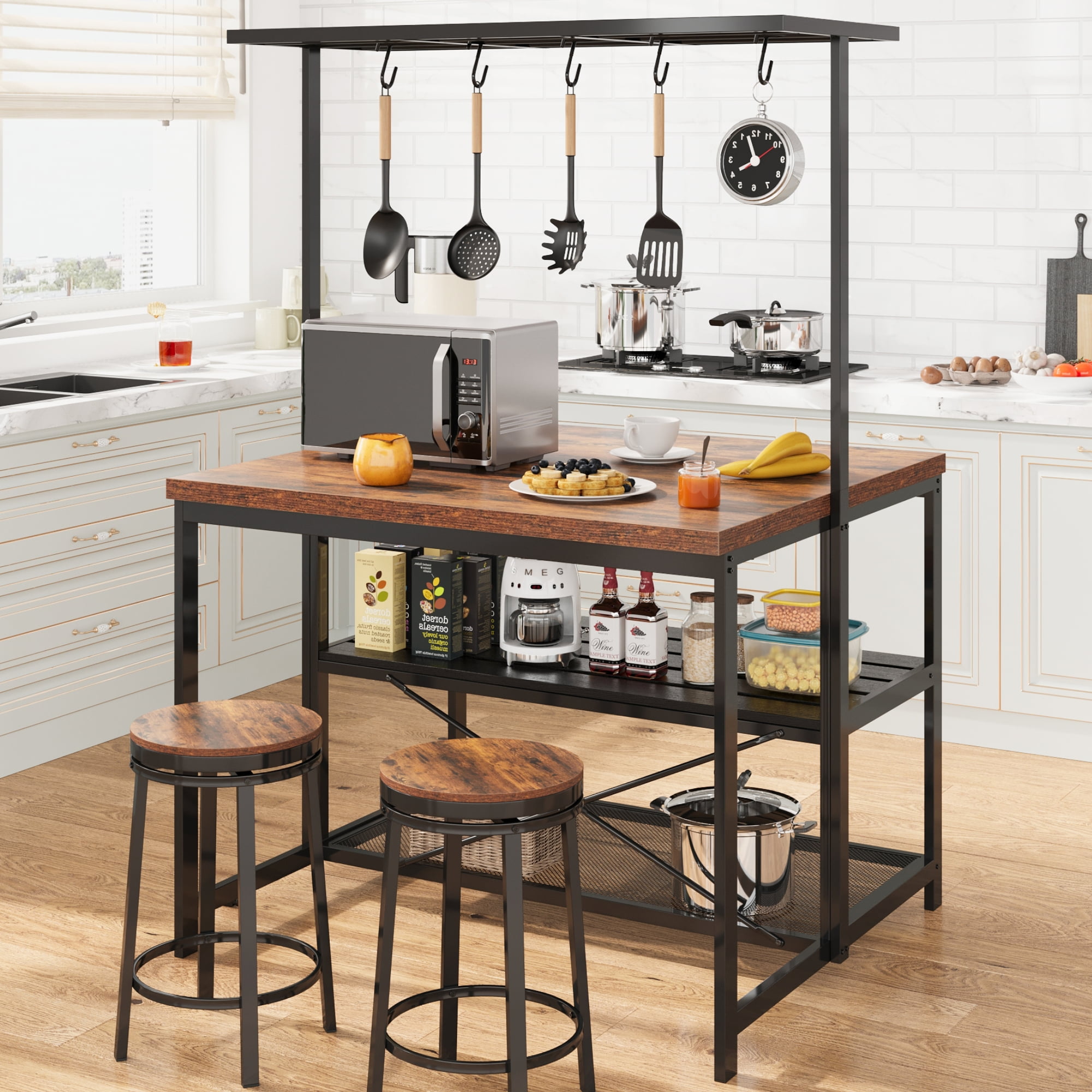 Home 42/47'' Large Kitchen Island with Power Outlet, Bakers Rack with ...