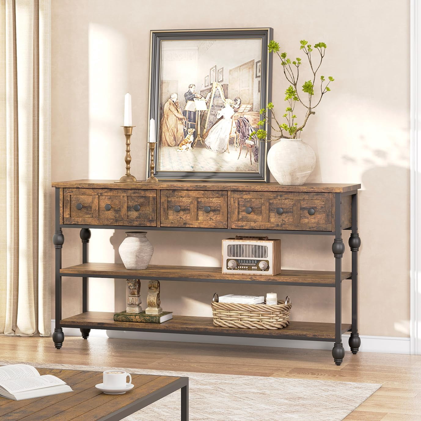 Home 52" Console Table, Entryway Table with 3 Storage Drawers, 3 Tier ...