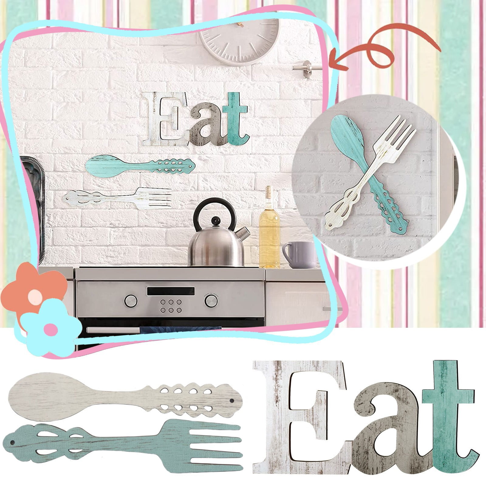 Home Accents Set Of EAT Sign Fork And Spoon Wall Decor Rustic Wood Eat ...