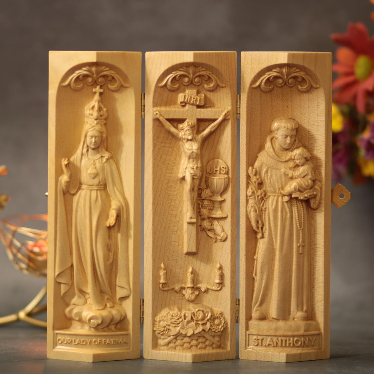 Home Altar Catholic Triptych of Our Lady of Fatima- Christ/St. Anthony Catholic Home Decor ...