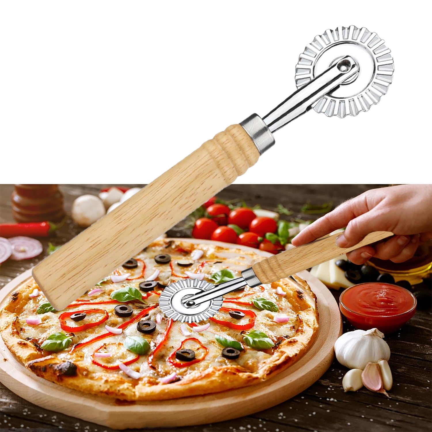 Pasta and Pastry Cutter Wheel with Wooden Handle for Crimping Fluted ...