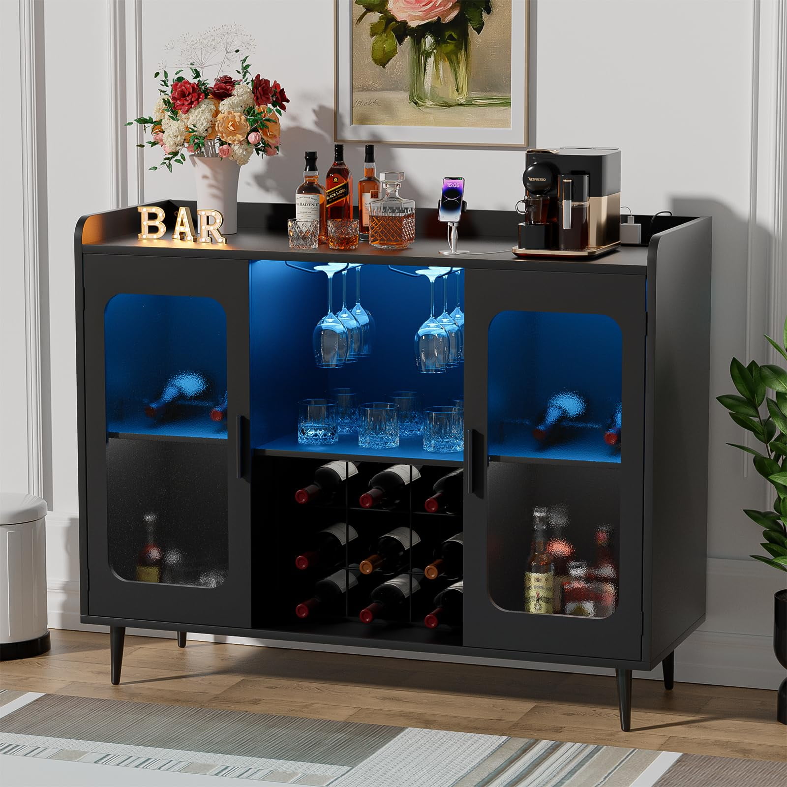 Home Bar Cabinet with 3 Power Outlets and 60000 Color LED Lights ...