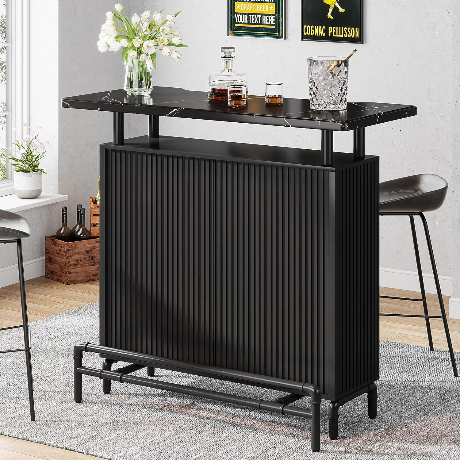 Home Bar Table with Storage Shelf for Living Room, Modern Industrial Style Black Counter Bar ...