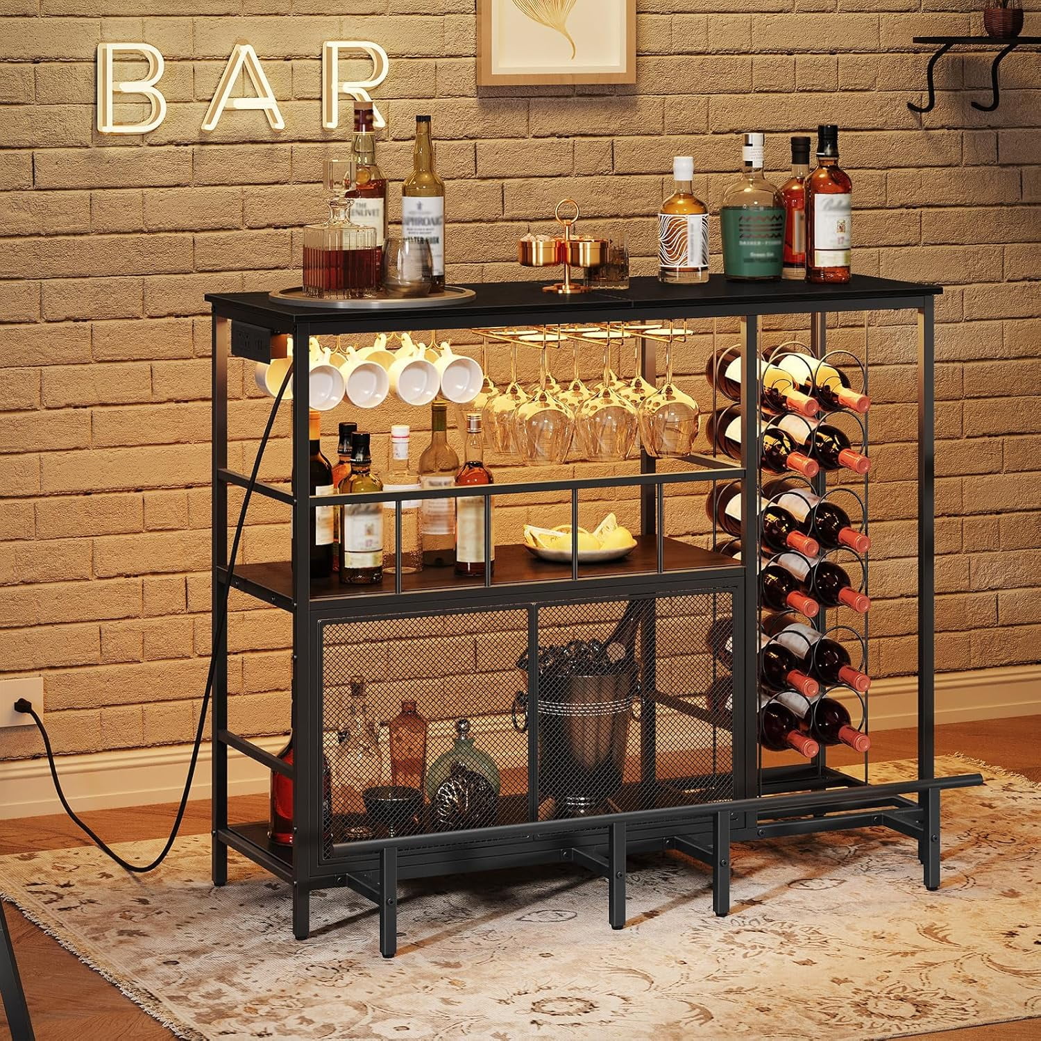 Home Bar Unit, 44.9" L Bar Table with Power Outlet, Mini Bar with Wine ...