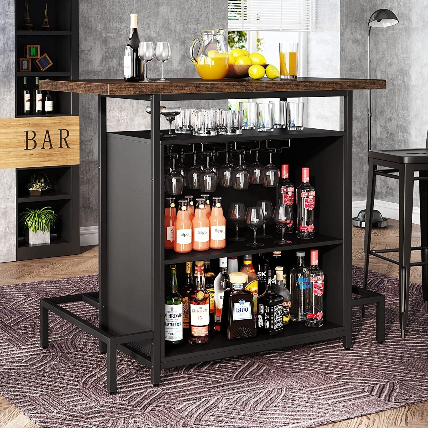 Home Bar Unit, Industrial 3-Tier Liquor Bar Table with Glasses Holder ...