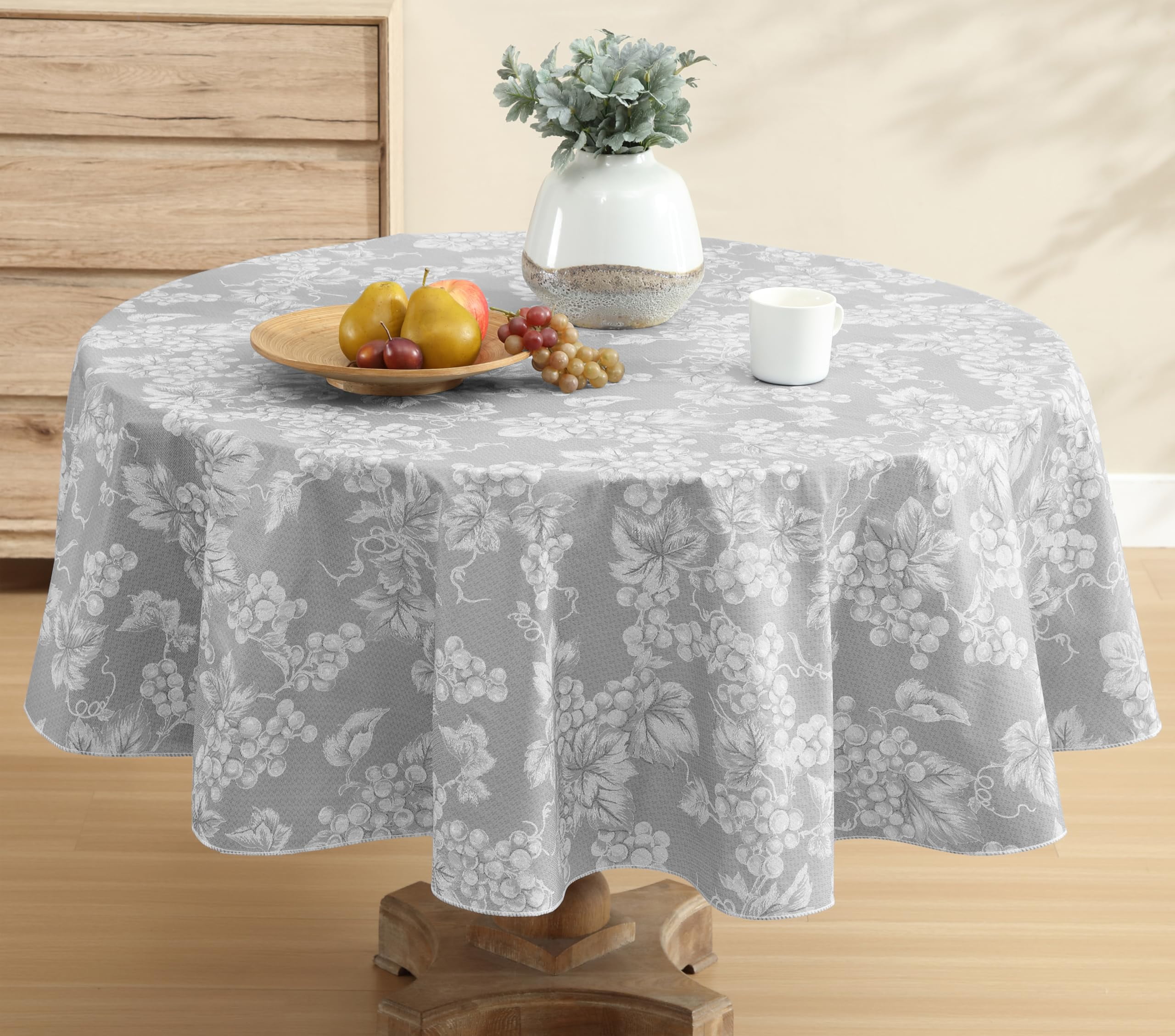 Home Bargains Plus Grey Grapevine Print 70 inch Round Vinyl Tablecloth ...