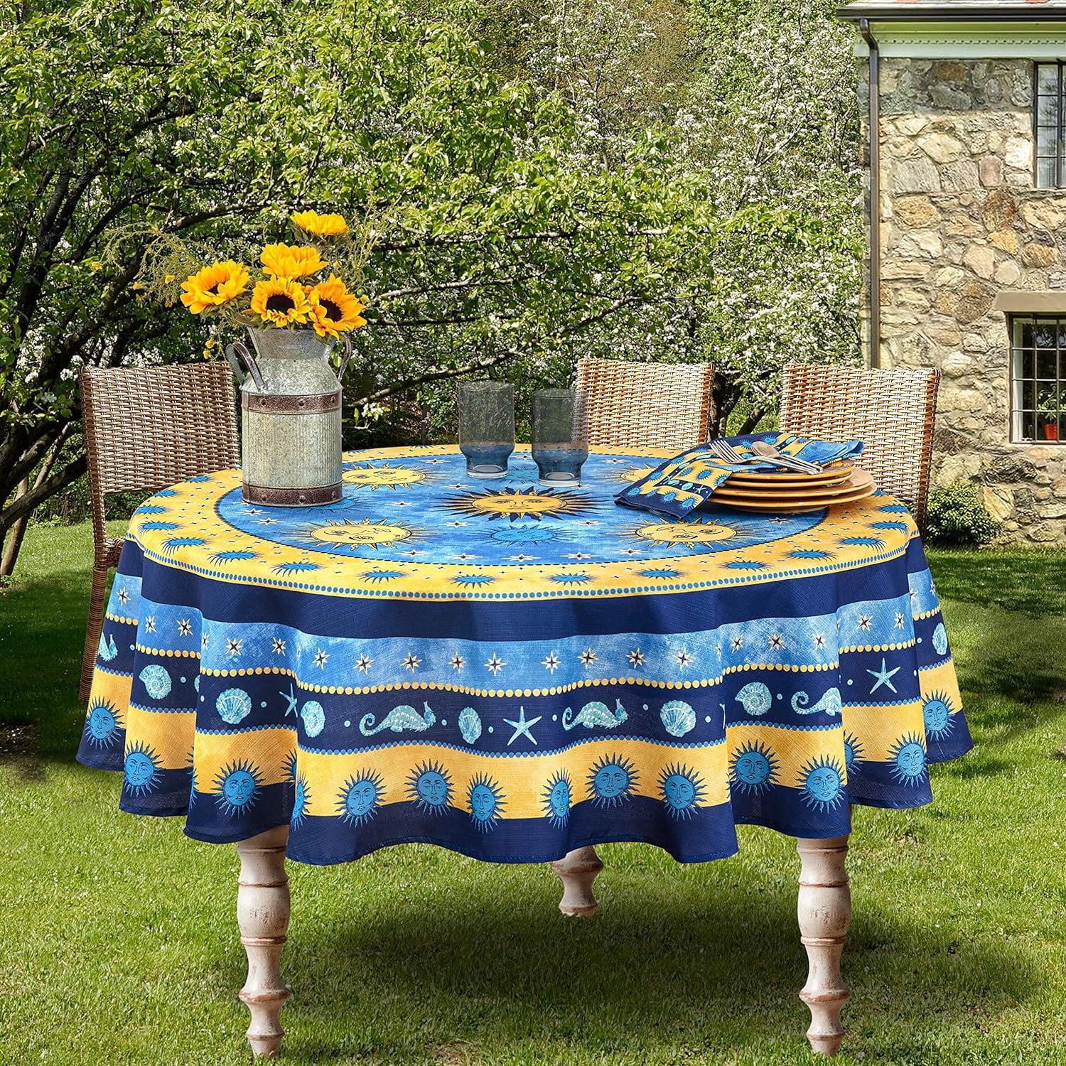 Home Bargains Plus Mediterranean Blue Sun 70 inch Round Fabric Dining ...