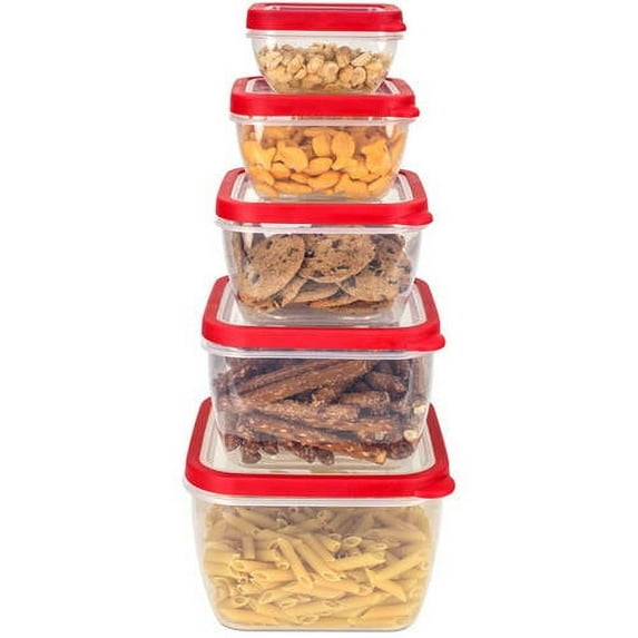 Home Basics 10 Piece Square Plastic Food Storage Container Set, Red ...
