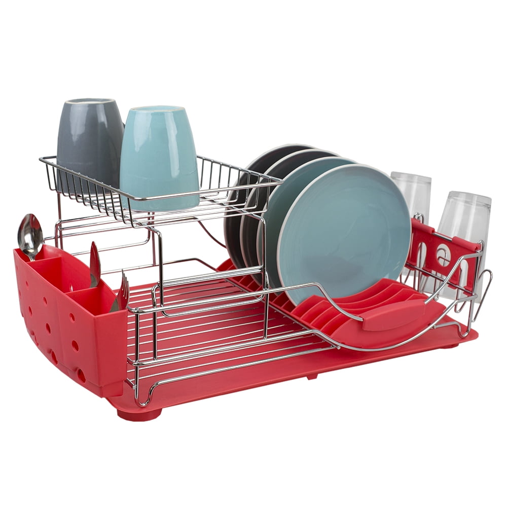Home Basics 2 Tier Deluxe Chrome Dish Rack Drainer, Red, 20x13x10 ...