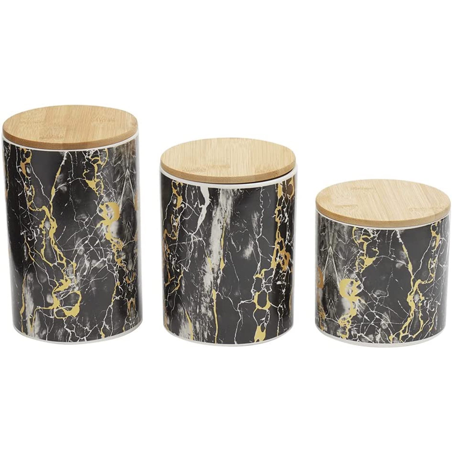 Home Basics 3 Piece Ceramic Canister Set with Bamboo Lids, Marble Black ...
