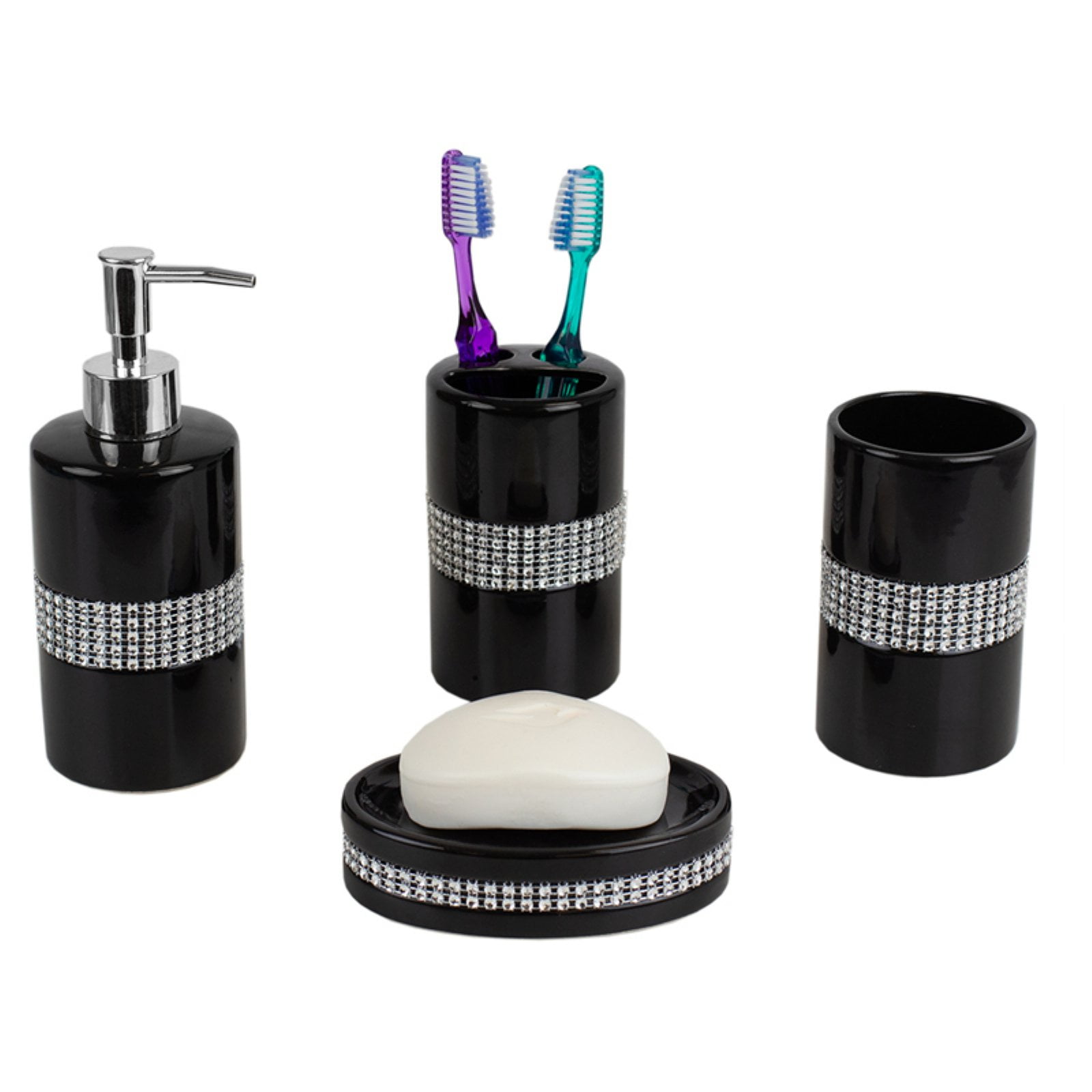 Home Basics 4 Piece Luxury Bath Set with Sequin Accents, Black Ceramic ...