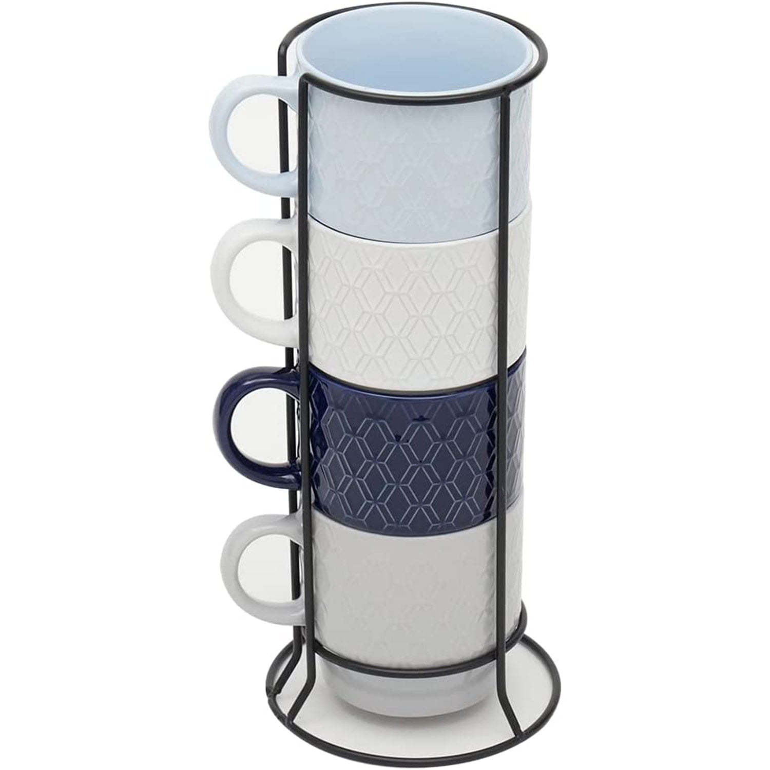 Home Basics 4 Piece Stackable Mug Set with Stand, Embossed Double ...