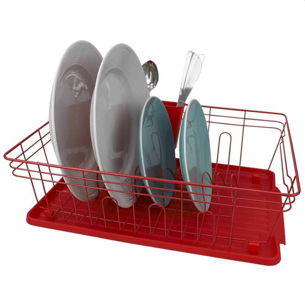 Home Basics Contempo 3 Piece Dish Rack, Red - Walmart.com