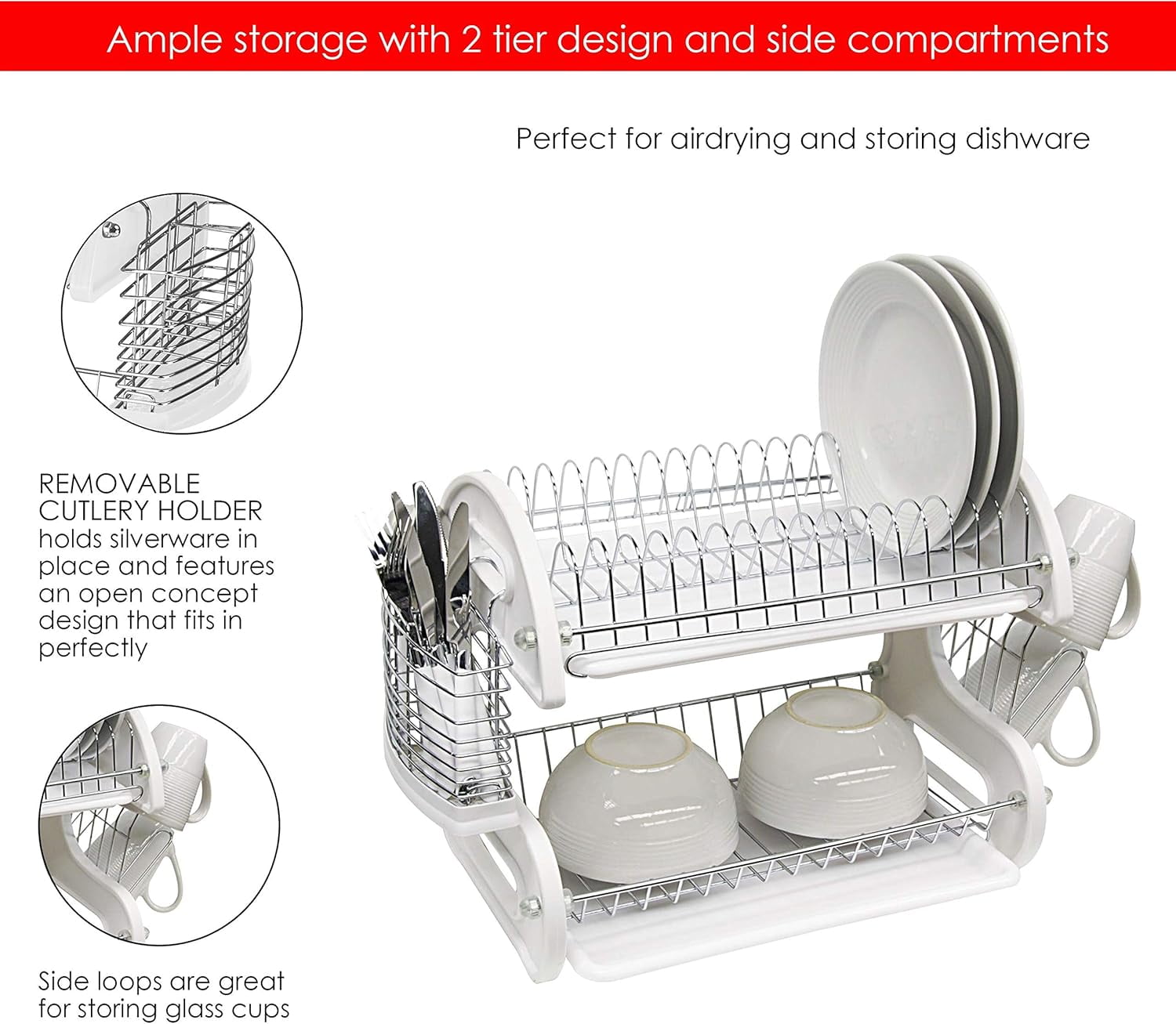 Home Basics Plastic 2-Tier Dish Drainer Rack, Air Drying and Organizing ...