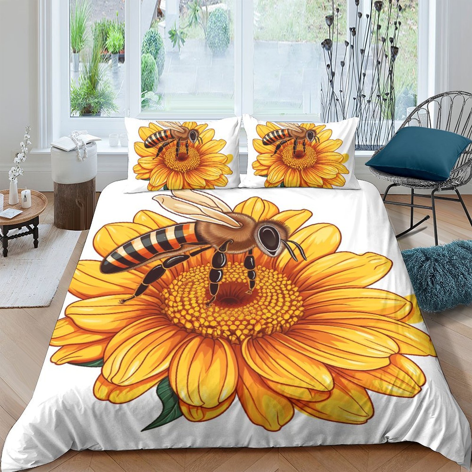 Home Bedclothes Bee Sunflower Printed Comforter Cover Set Kids Adult ...
