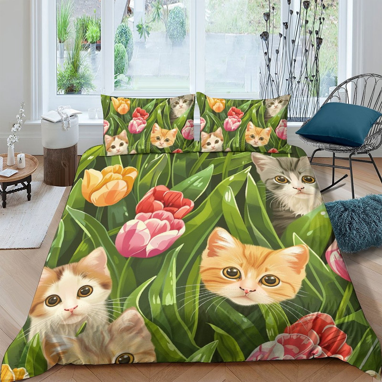 Home Bedclothes Cartoon Tulip Cat Printed Comforter Cover Set Boys Girl ...
