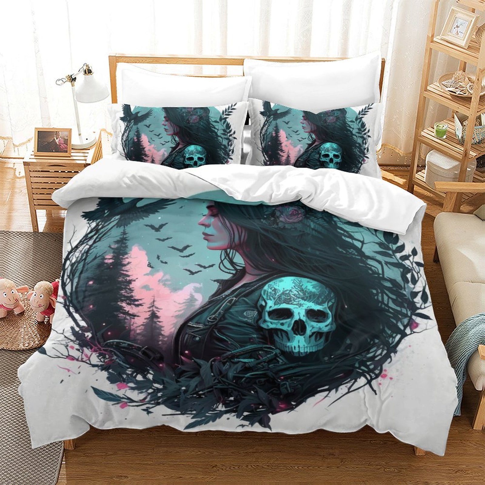 Home Bedclothes Girl Skull Printed Comforter Cover Pillowcase Cool ...