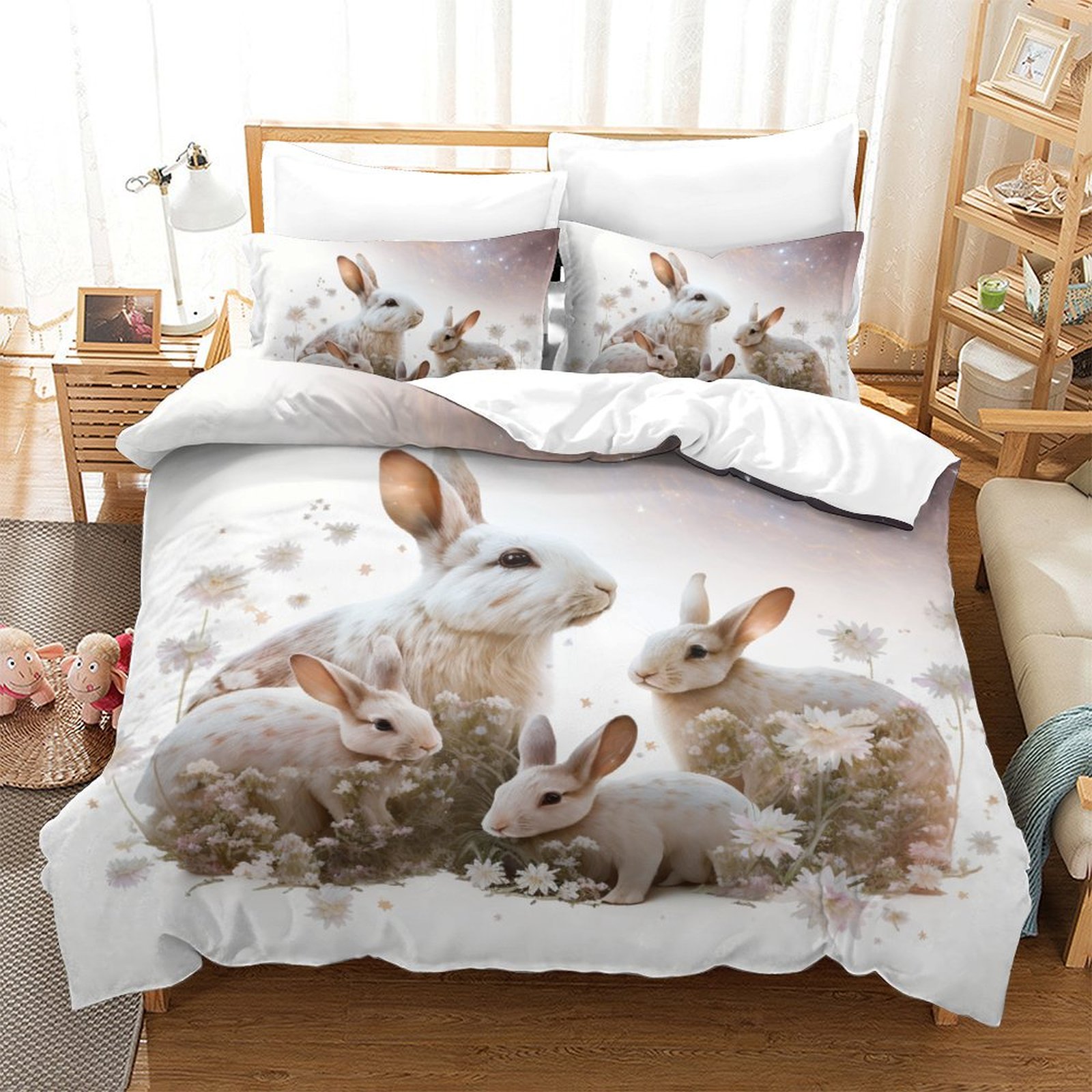 Home Bedding Set 3D Rabbit Flower Printed Duvet Cover Set Kids Boys ...