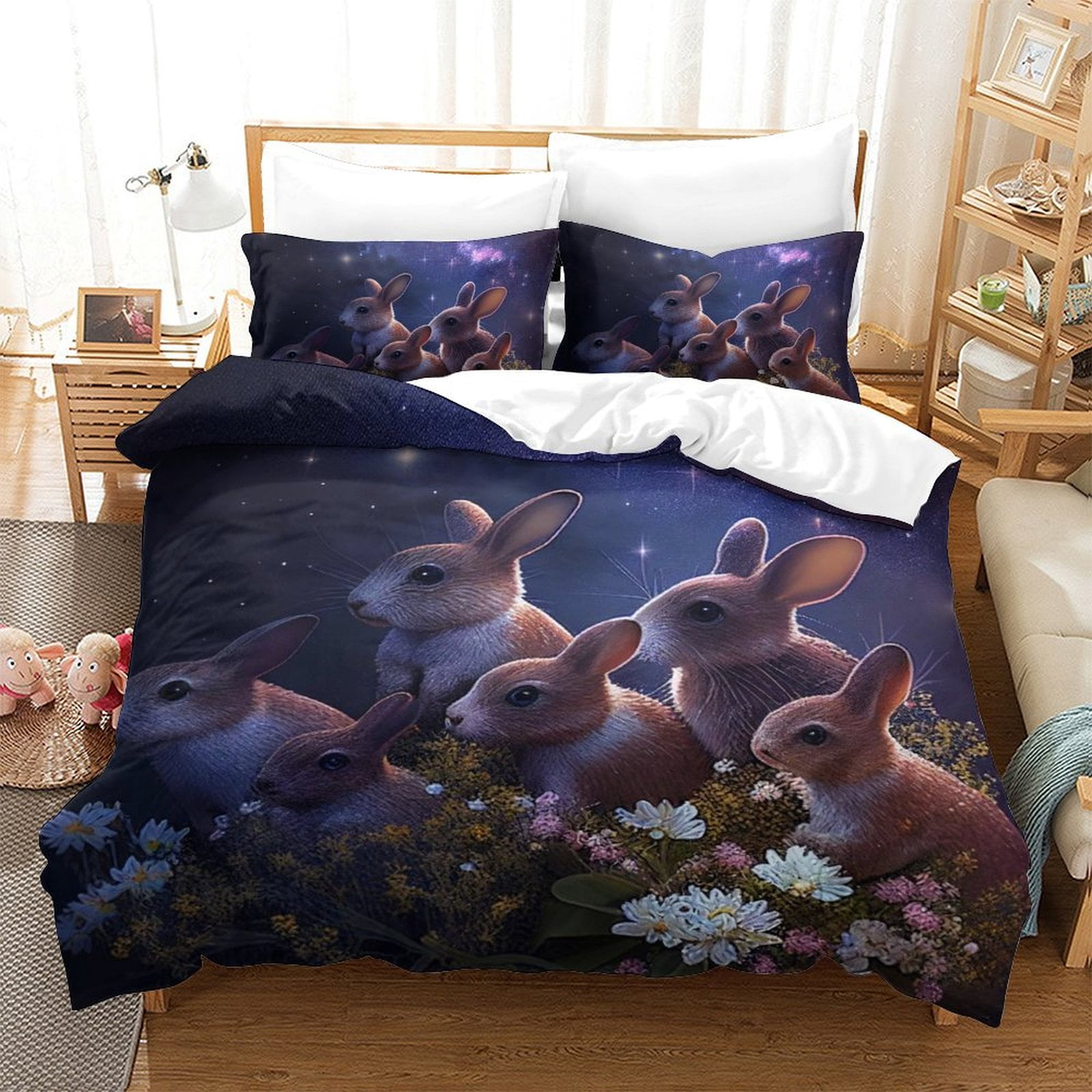 Home Bedding Set 3D Rabbit Flower Printed Duvet Cover Set Kids Boys ...