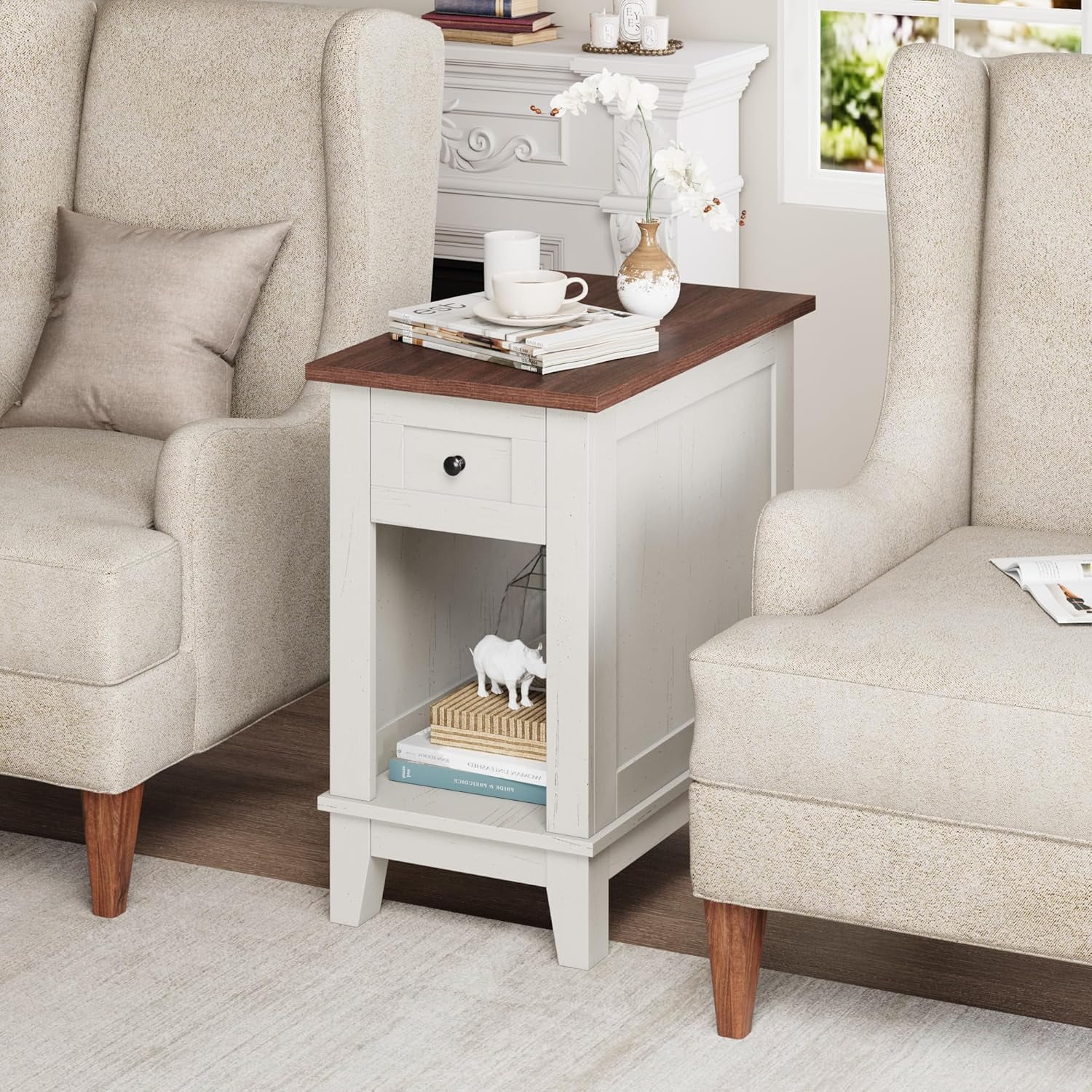 Home Bedroom Narrow Side Table with Charging Station Small Farmhouse ...