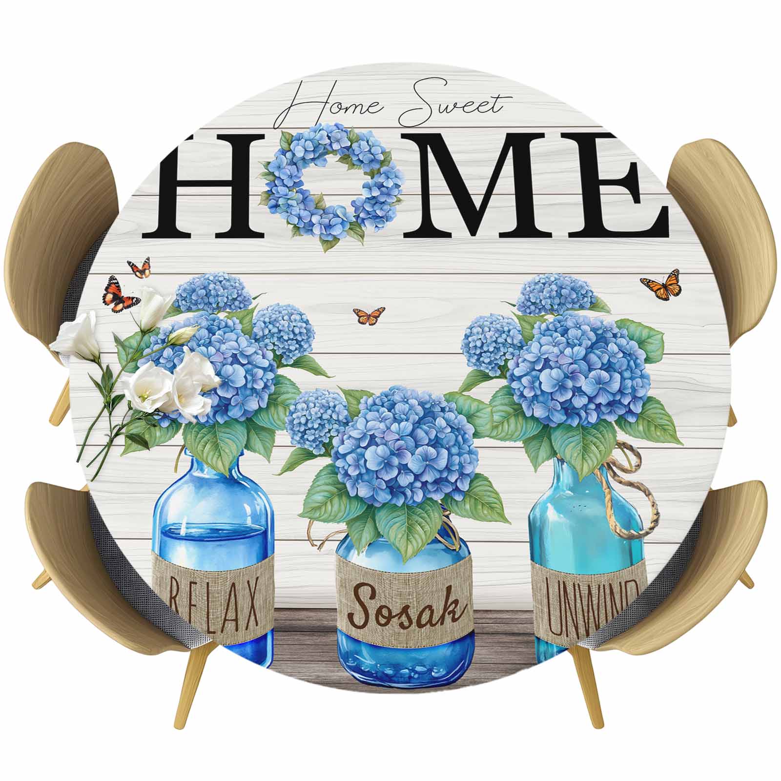 Home Blue Hydrangea Round Fitted Tablecloth with Elastic Edge, Vase ...