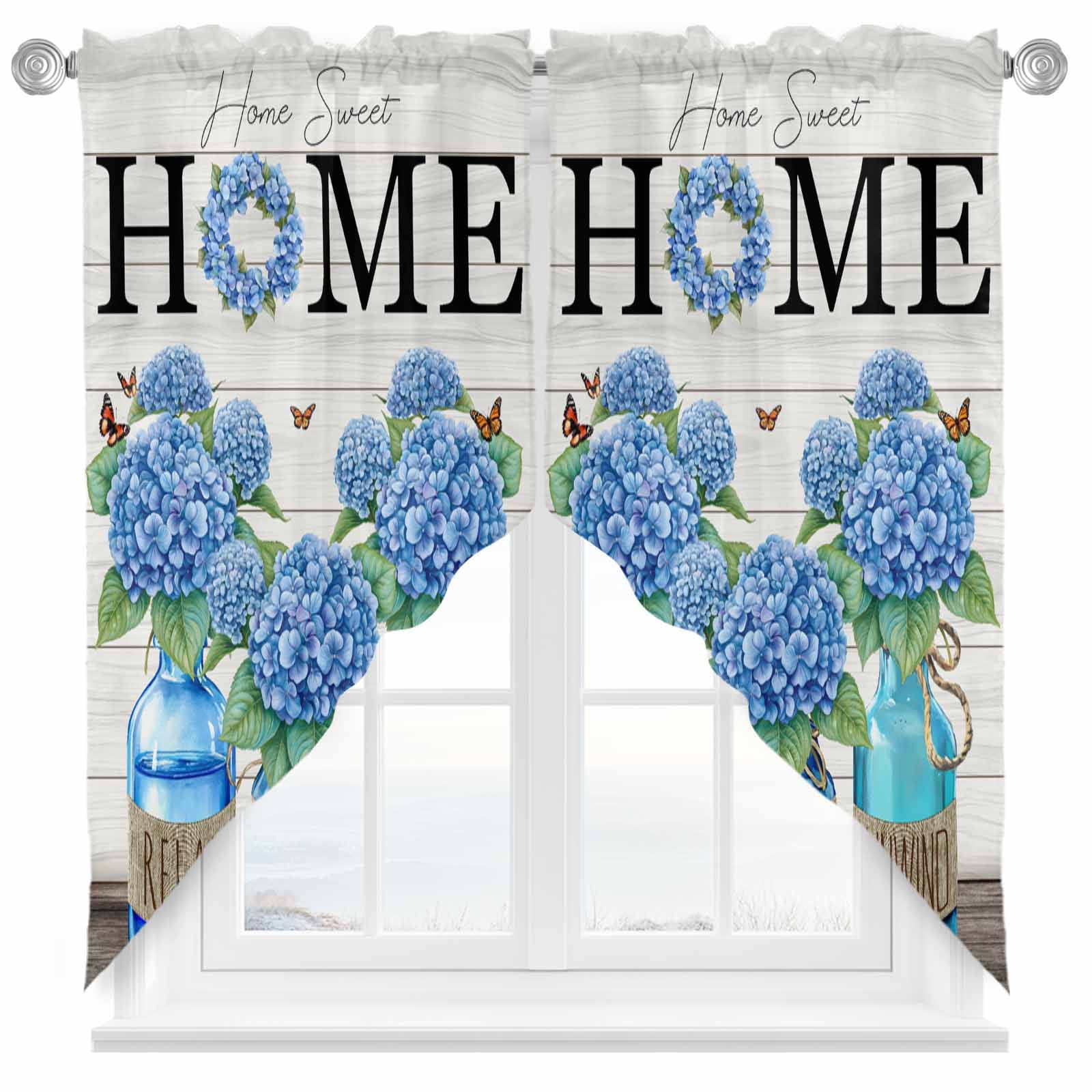 Home Blue Hydrangea Swag Curtain Valance for Windows, Vase Vintage ...