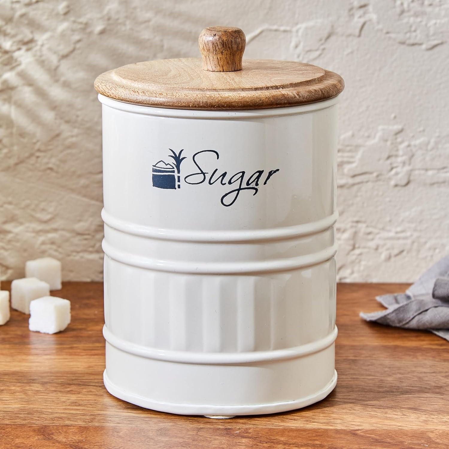 Home Centre Mirage Metal Sugar Storage Container with Mango Wood Lid ...