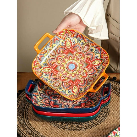 Home Ceramic Platter Set Of 4, Colorful Serving Bowls With Handle For ...