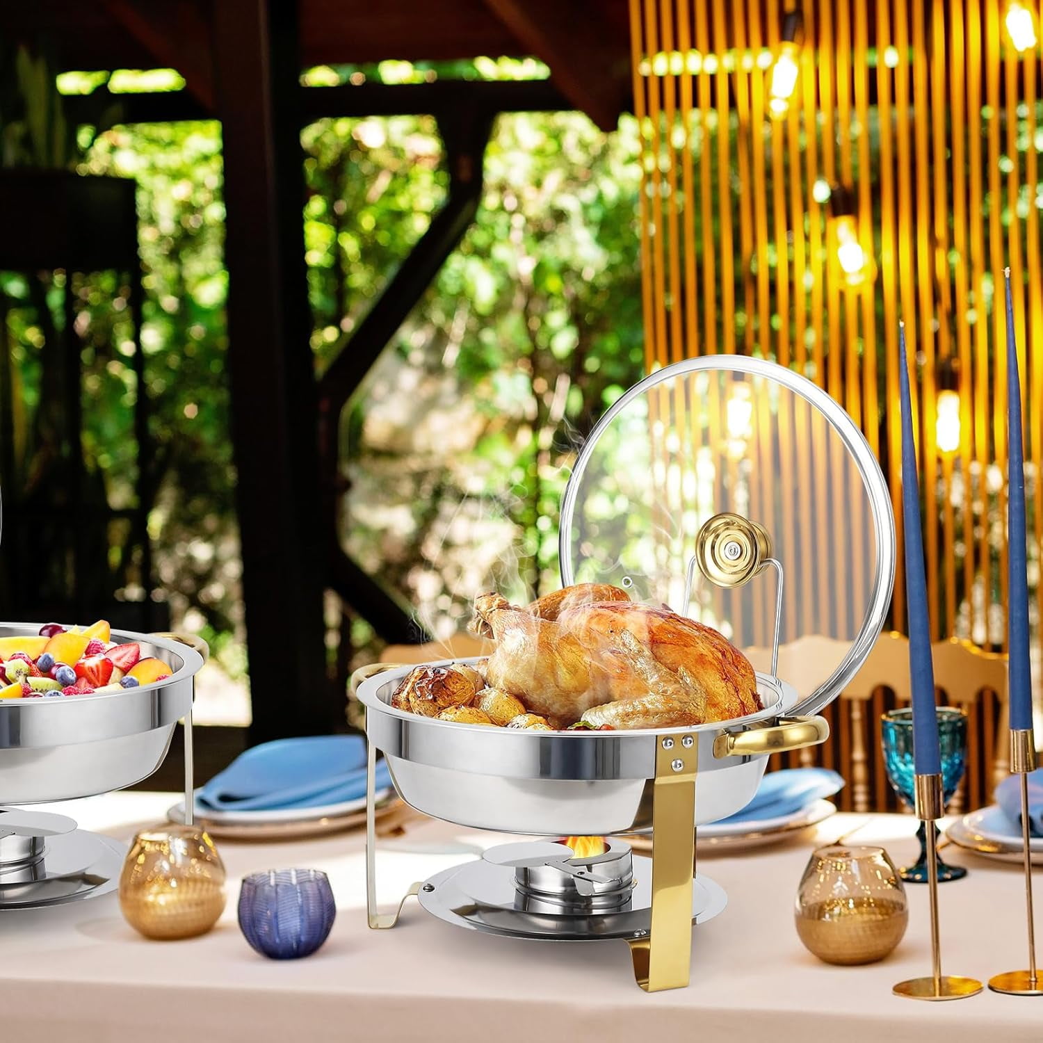 Home Chafing Dish Buffet Set of 2/4, 5QT Round Chafing Dishes for Buffet with Lid Holder & Glass ...